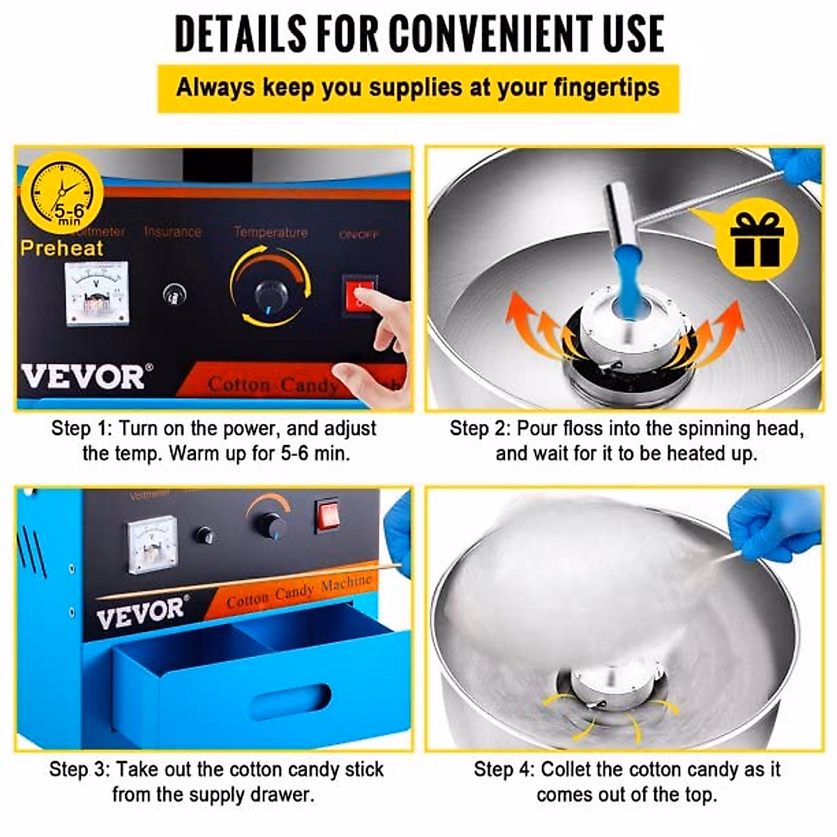 VEVOR Commercial Cotton Candy Machine, Electric Floss Maker with Stainless Steel Bowl Sugar Scoop and Large Storage Drawer, for Home Party Carnival, Without Cover, Blue