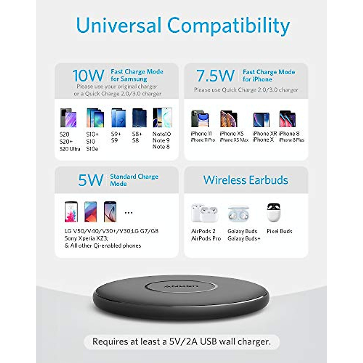 Anker 10W Max, 313 Wireless Charger (Pad), Qi-Certified Wireless Charging for iPhone 14/14 Pro/14 Plus/14 Pro Max, Fast Charging Galaxy S20 S10 S9 S8, Note10 (No AC Adapter)