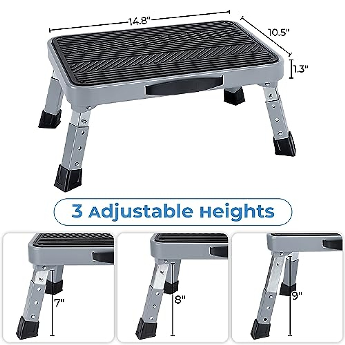 Height-Adjustable 7"- 9" Folding Step Stool with Non-Slip Platform 10" x 15" - Portable Step Ladder for Adults and Kids - Perfect for Office, Kitchen, Home - Sturdy - Supports up to 330 Lbs