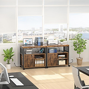 Unikito Lateral File Cabinet, Locking Office Filing Cabinets with Socket and USB Charging Port, Modern Rolling Printer Stand with Storage for A4, Letter Size and File Folders, Rustic Brown