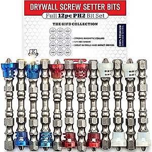 Magnetic Drywall Screw Setter Bit Set | Premium 12pc SET/w Storage Case and Bit Holder - Impact Ready 1/4in Hex Shank Phillips Head PH2 Drill Driver Bits with Magnetic Collars for Drills