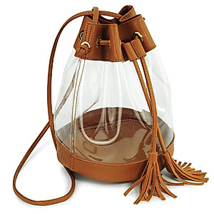 HOXIS Clear Purse Drawstring Bucket Crossbody Bag with Tassel Women PVC shoulder handbag for stadium approved (Brown)