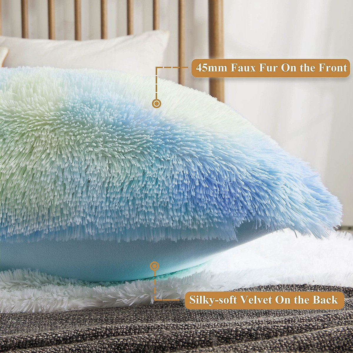 XeGe Rainbow Shaggy Faux Fur Body Pillow Cover, Tie Dye Fluffy Bed Pillow Case with Zipper Closure, Soft Decorative Plush Long Pillow Sham, Fuzzy Hug Pillow for Kids Children Girls Women 20"x54" Blue