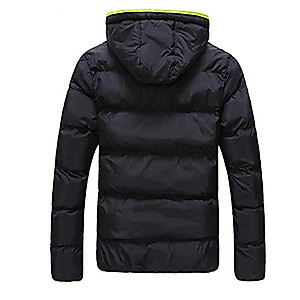 Men's Winter Casual Color Collision Zipper Pockets Cotton-Padded Hooded Jacket Coat Block Quilted Puffer Outerwear Black