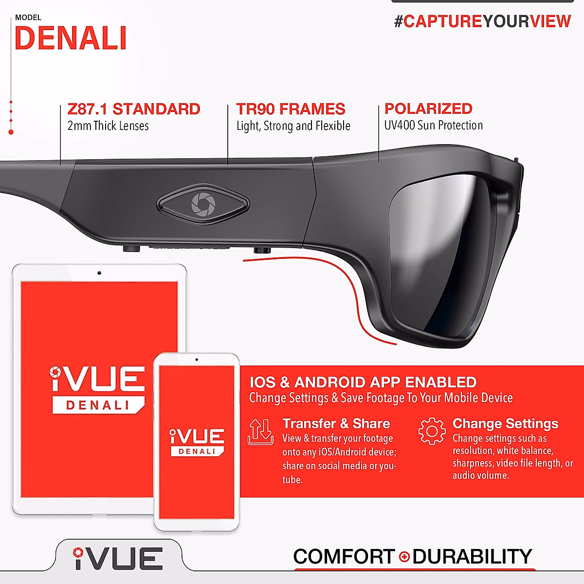 iVue Denali 2K/1080P HD Camera Glasses POV Video Recording Sport Sunglasses DVR Eyewear, Up to 60fps