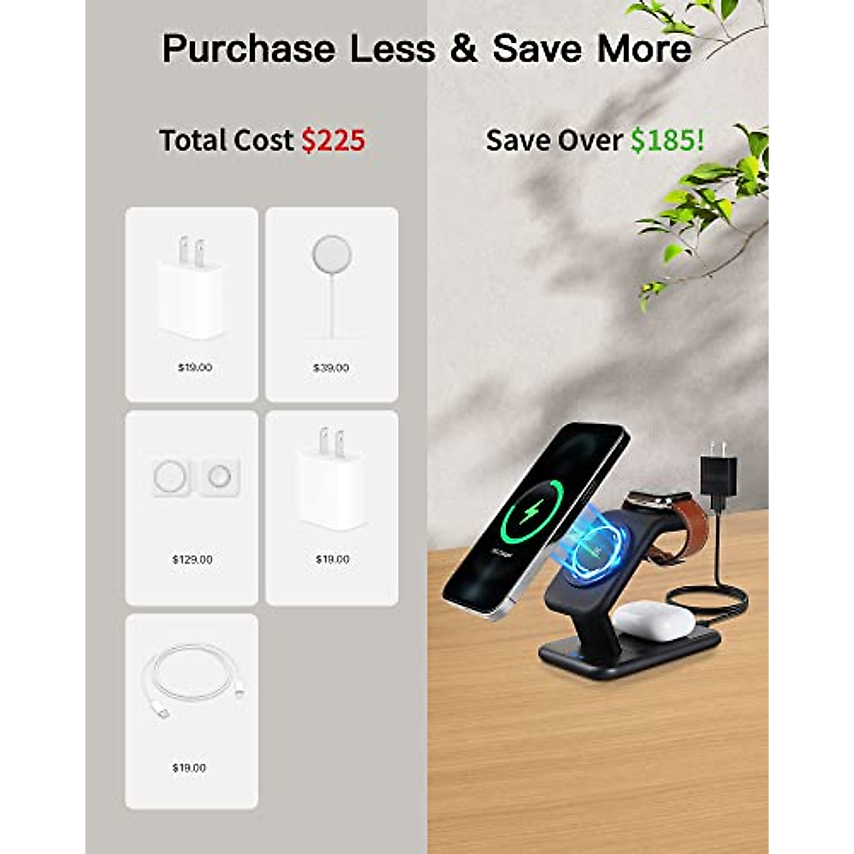 3-in-1 MagSafe Charger Stand, 18W Fast Magnetic Charger for iPhone 14, 13 & 12 Series - Apple Watch & AirPods, Wireless Charging Station for Multiple Devices with Adapter and LED