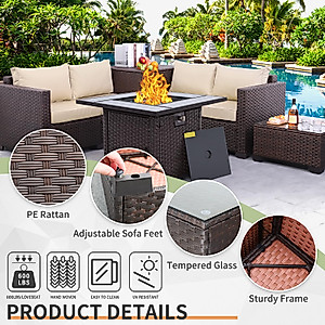 WAROOM 5 Pieces Patio Furniture Set PE Wicker Outdoor Brown Rattan Sectional Sofa Loveseat Couch Conversation Chair with Storage Bin Coffee Table and Propane Fire Pit, Anti-Slip Khaki Cushion