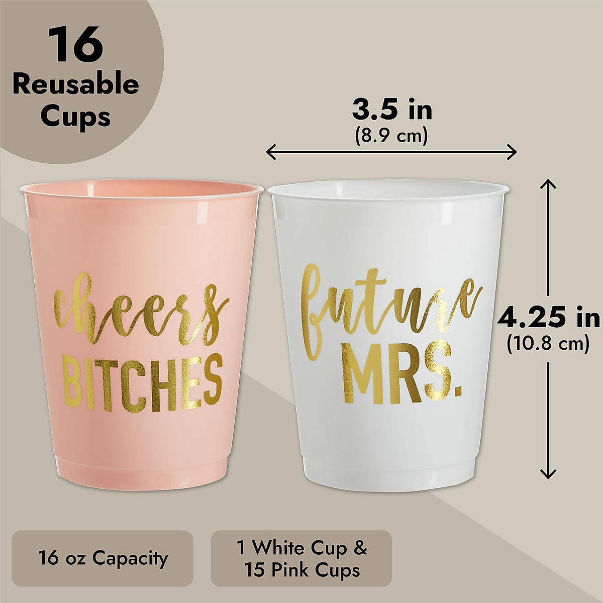 BLUE PANDA 16-Pack Bachelorette Party Cups, Reusable Bride and Bridesmaid Cups for Bridal Shower Party, Bachelorette Favors and Bridesmaid Gifts, Future Mrs + Cheers (16 oz)