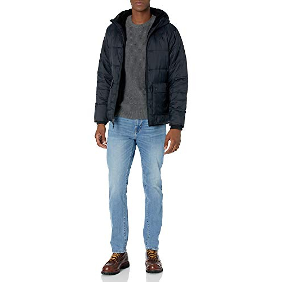 Amazon Essentials Men's Long-Sleeve Water-Resistant Sherpa-Lined Puffer Jacket, Black, Medium