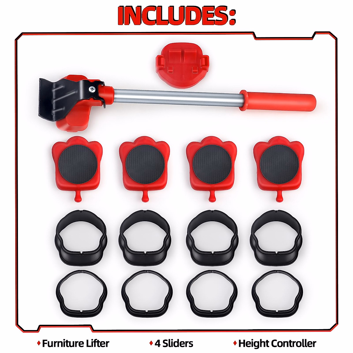 BTEC Furniture Lift Mover Tool Set, Furniture Lifter with 4 Sliders, 660lbs Furniture Movers for Heavy Furniture (Red)