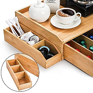 SOUJOY Bamboo Drawer Organizer for Coffee Pod, K Cup Organizer for Counter, Tea Bag Storage Organizer with Drawer and Side Storage Box for Kitchen Office Coffee Bar
