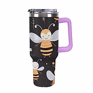 Floral Bee 40 Oz Car Cup Stainless Steel Travel Mug Leak-Proof Insulated Tumbler with Handle Violet-style