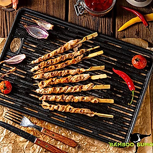 BAMBOOSUMO 10" Bamboo Shish Kabob skewers for Grilling | Extra Long | Flat Wood Skewer Shape w/Flag Paddle Handle