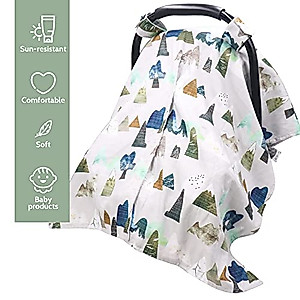 Peekaboo Opening Car Seat Cover & Crib Sheet for Boys Girls, Adventure Mountain Car seat Canopy & Toddler Bed Sheets, Soft Fabric, Woodland