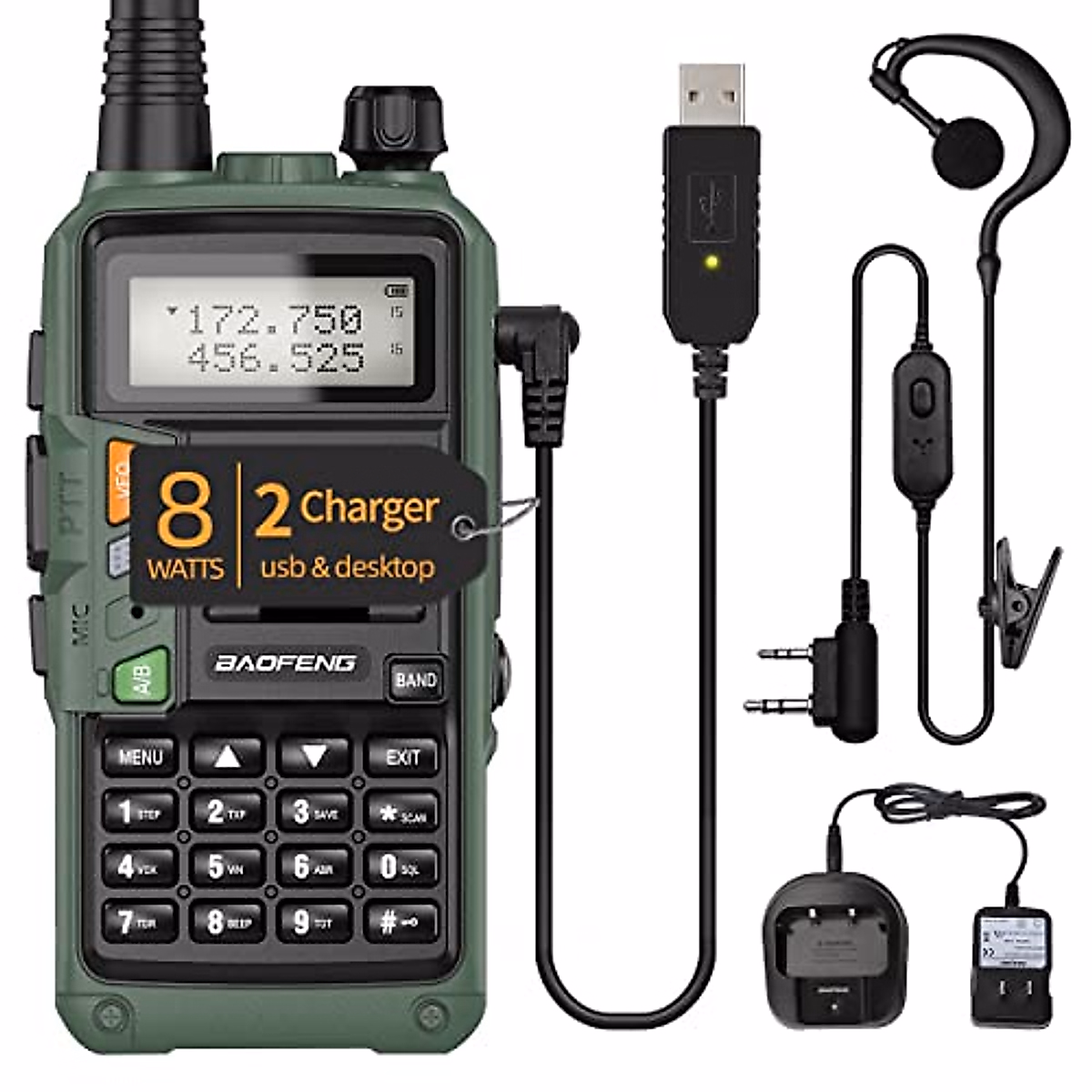 Baofeng Radio Handheld Ham Radio UV-S9 Plus 8W High Power Portable Two Way Radiowith 2200 mAh Battery and USB Charger Cable Walkie Talkie