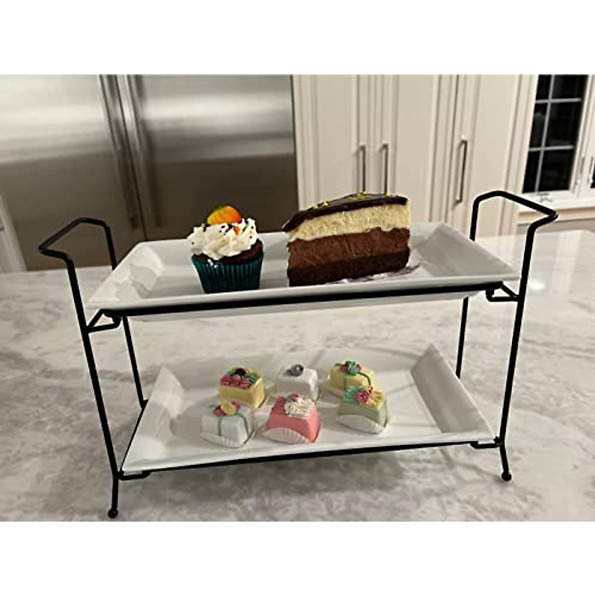 ONEMORE 2-Tier Serving Tray, Collapsible Food Display Stand with Microwave Freezer and Oven Safe Rectangular Ceramic Platters Perfect for Indoor/Outdoor Celebrations and Parties - Bright White