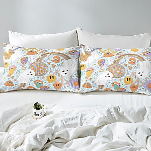 Erosebridal Cartoon Ghost Duvet Cover Rainbow Bedding Set Full,Hippie Groovy Flowers Comforter Cover Gothic Bed Set Cute Mushroom Peace Symbol Boho Floral Kawaii Halloween Decorations Indoor