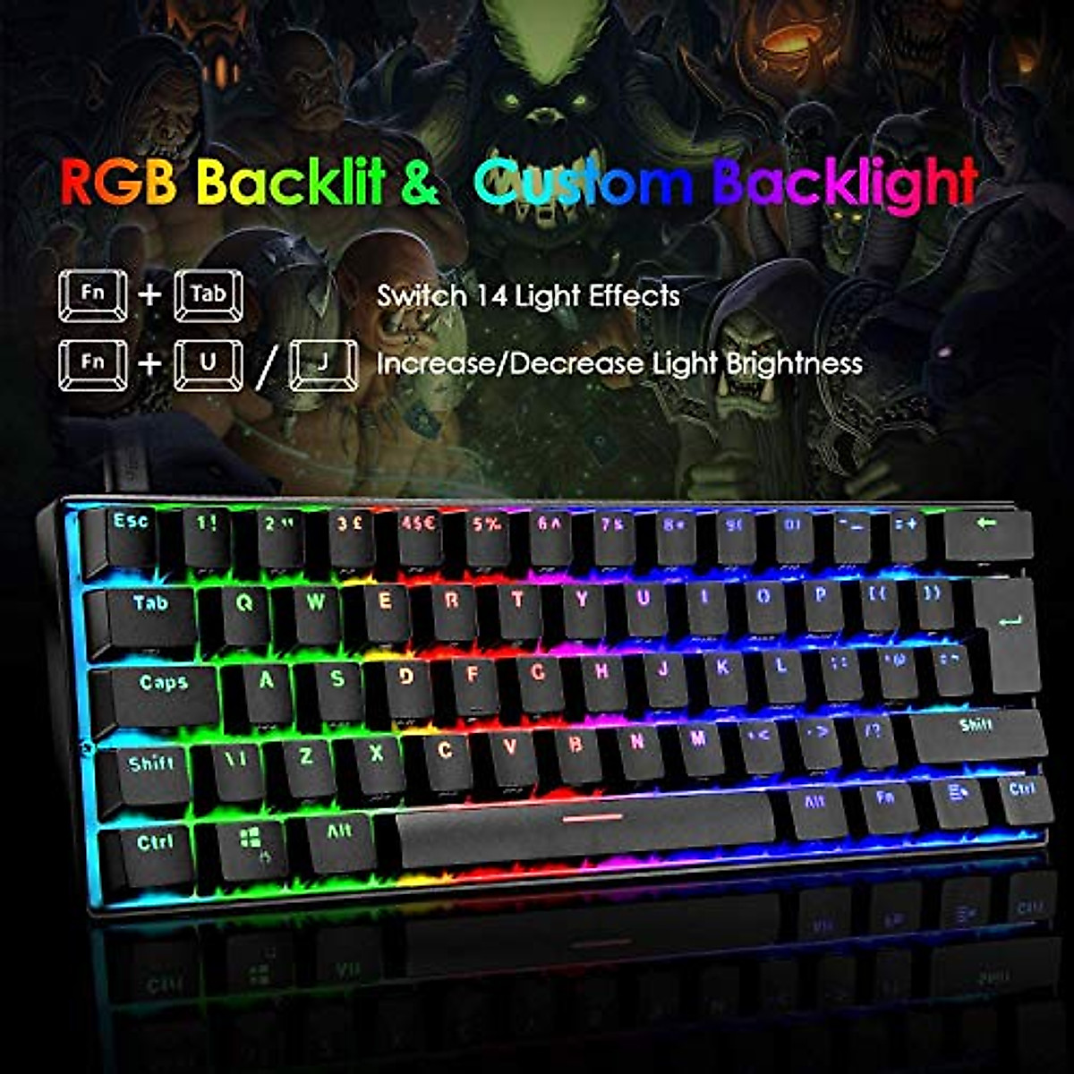 ZIYOU LANG MK21 Portable 60% Mechanical Gaming Keyboard Untra-Compact Type-c Wired with Light Up Chroma LED Backlit Non-Conflict 61 Key TKL Ergonomic for PS4 PS5 PC Mac Windows(Black/Blue Switch)