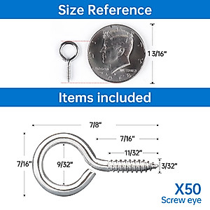 Muzata 50pack 7/8’’ M3 Screw Eye Hook Wood Screws Metal Hook T316 Stainless Steel for Wood Securing Cable Wire Terminal Ring Eyelet Self Tapping Eye Bolt Indoor Outdoor CN18 HN2