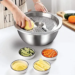 Germany Multifunctional Stainless Steel Basin - 2024 New Colander Strainer Set, Salad Spinner Fruit Vegetable Rice Washing Strainer Basket Bowl, Rice Rinser Food Graters with Container (DI-9.45in)