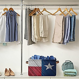Texas Wood Flag Storage Basket Storage Organizer Box Bin Large Collapsible Cube Baskets with PU Handles for Shelf Closet Nursery Laundry 2 Pack