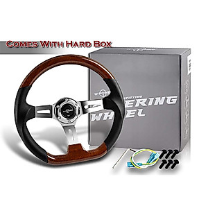 W Power Exclusive 13.5" Dark Wood Grip 6 Lug Bolt Hole Chrome 3-Spoke Vintage 343mm Steering Wheel