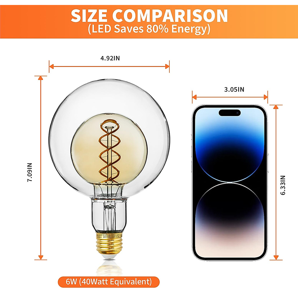 ALAMPEVER Large Globe LED Light Bulbs, Decorative Dimmable LED with 6W Equivalent to 40W Light Bulbs, 2700K Soft White, E26 Base, 300LM, CRI90, G125, Amber