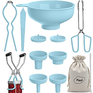 Pisol Canning Supplies Starter Kit, 13 PCS Canning Beginners Tools Set with Wide Mouth Kitchen Funnel with 4 Sizes Spout, Kitchen Tongs, Jar Lifter, jar Wrench, Bubble Popper and Lid Lifter