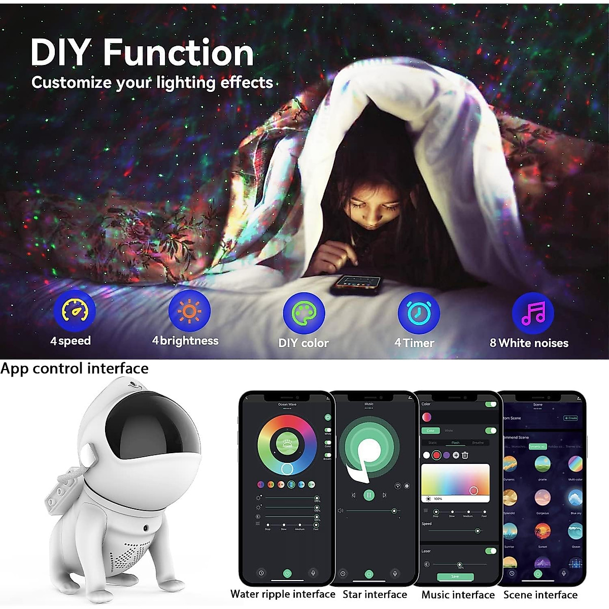 Luubeibei Space Dog Star Projector Galaxy Projection Light Night Built-in Bluetooth Speaker and Remote Starry Sky with Timer for Adults Decor for Bedroom Ceiling and Holiday Gift Lamp