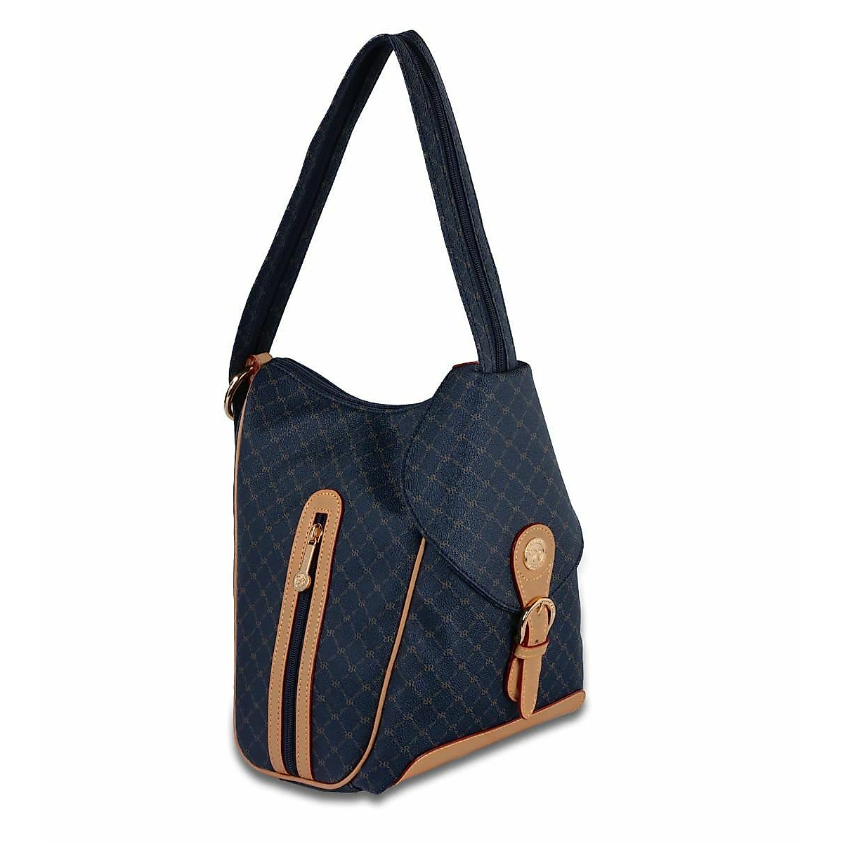 Rioni STA-20082 Designer Signature Navy Blue Canvas Leather Backpack With Zipper Strap