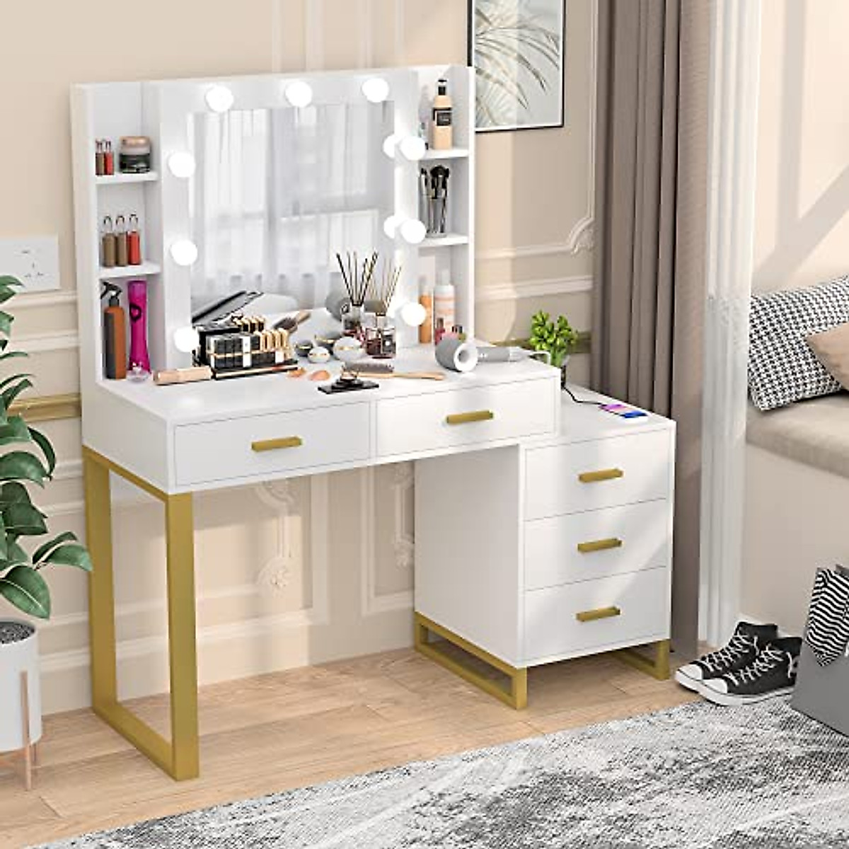 PAKASEPT Vanity Makeup Desk with Lights and Charging Station, Dressing Table Vanity Desk with Mirror and Lights,Storage Shelves, Drawers for Bedroom,White