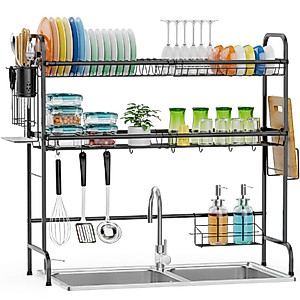 PACKISM Over The Sink Dish Drying Rack, 2 Tier Stainless Steel Over Sink Rack, Kitchen Over The Sink Shelf with Durable Dish Drainer, Large Dish Rack Over Sink for Kitchen Counter, Black