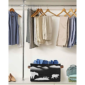 Bear Black Cube Storage Organizer Bins with Handles 2 Packs 15x11x9.5 Inch Collapsible Canvas Cloth Fabric Storage Basket for Shelves,Closet Forest Animal Tree Birds Abstract Mountain White