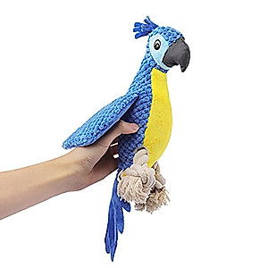Squeaky Crinkle Dog Plush Toy, Cute Animal with Stuffed Cotton and Rope Knot Legs, Interactive Fun Chew & Play Toy for Puppy Small Medium and Large Breed Holiday Birthday Gift (Blue Parrot)