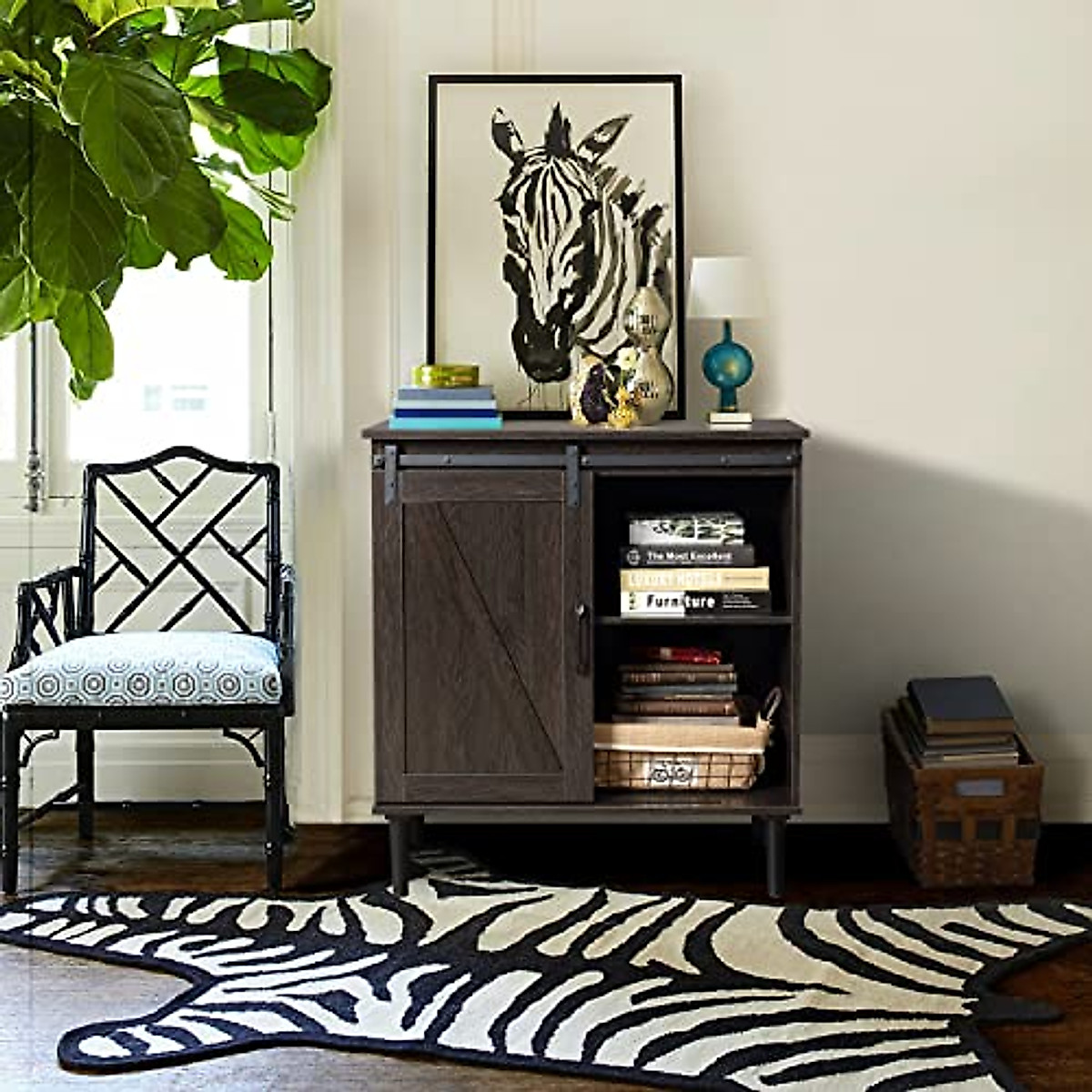 Finnhomy Farmhouse Sideboard Buffet Cabinet with Sliding Barn Door, Kitchen Storage Cabinet, Coffee Bar Cabinet, Accent Cabinet, 31.5X 15.75 x 34.65Inch, Dark Gray