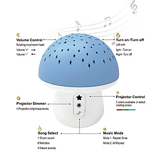 Baby Sleep Soother, Mushroom Baby White Noise Sound Machine with Moon and Star Projector, Portable Baby Sleep Aid Must Have Essentials for New Born, 4 Natural Soothing Sounds 7 Calming Melodies (Blue
