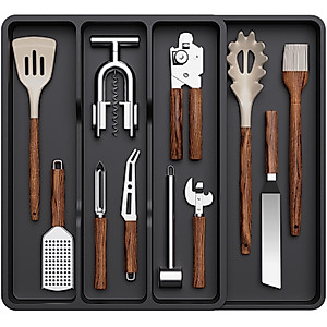 Lifewit Utensil Drawer Organizer, Expendable Cooking Silverware Tray for Kitchen Drawer, Adjustable Cutlery Flatware Holder, Plastic Spatula Tools and Gadgets Storage Divider, 4 Compartments, Black