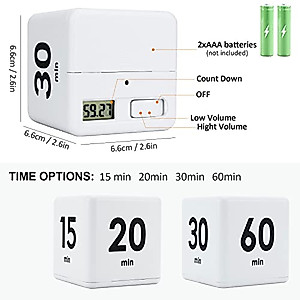 Feilifan Cube Timer, Time Cube Timer Kitchen Timer Kids Timer for ADHD Productivity Workout Flip Timer Classroom for StudyTime Countdown Management Settings 15 20 30 60 Minutes-White