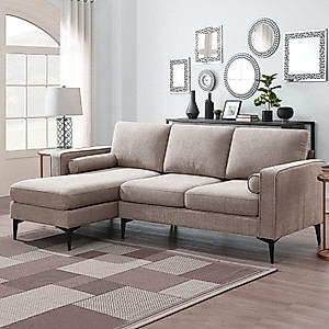 POCIYIHOME 86" Convertible Sectional 2 Pillows, Modern Chenille L-Shaped Couch with Reversible Chaise Lounge, 3-Seater Sofa, Fit for Living Room,Office,Apartment, Polyester, Camel