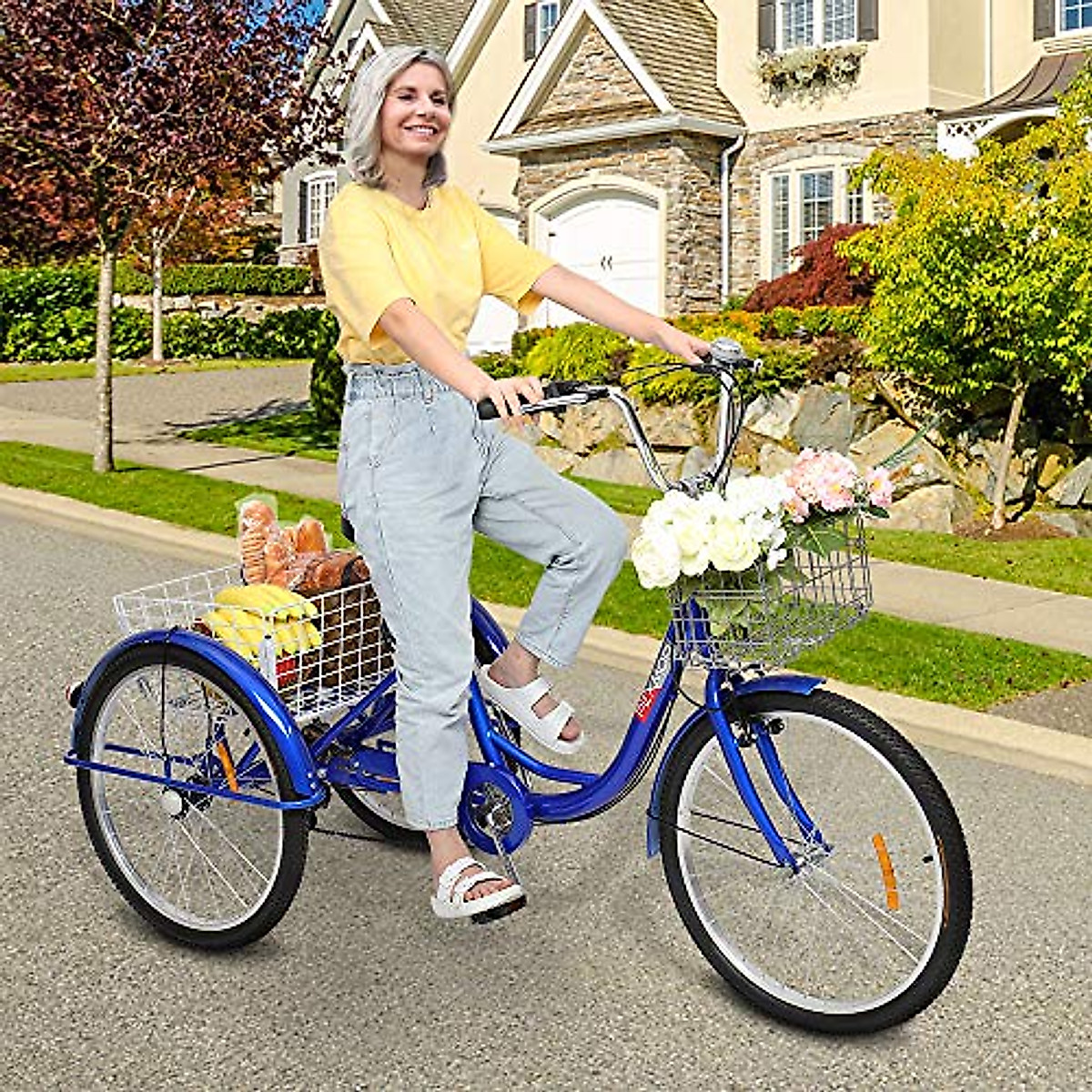 PEXMOR Adult Tricycle, 24/26 Inch 7 Speed 3 Wheel Bikes Tricycle for Adults, Adult Trike for Women/Men/Seniors, Three Wheel Cruiser Bike w/Folding Front & Rear Basket for Shopping/Recreation/Picnic