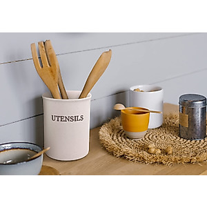 KooK Large Utensil Crock for Kitchen Counter, Ceramic Utensil Holder, Heavy & Stable Caddy, Farmhouse Decor, Matte Speckled Stoneware, Cream, 6 inch, Dishwasher Safe