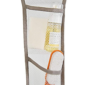Home-X Hanging Mesh Organizer with Six Pockets, Shower Caddy with Hook and Loop Hanger for Shower Rod, 58" L x 7" W, White/Gray
