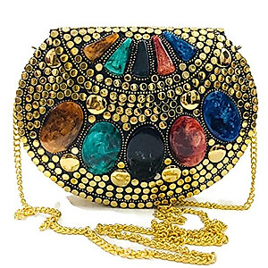 Brass Beaded Ethnic purse Girls Bridal Bag Golden cross body bag for women/Girl party clutch Metal clutches Vintage Brass (Gold Muti Stone)