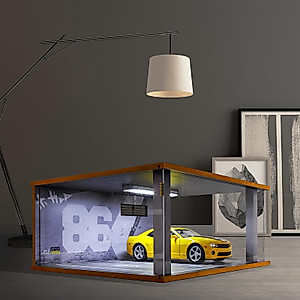 cxiiuui 1/18 Scale Display Case Car Garage Moldel with LED Light and Acrylic Cover Wooden Diecast Car Show Case 2 Parking Spaces Grey