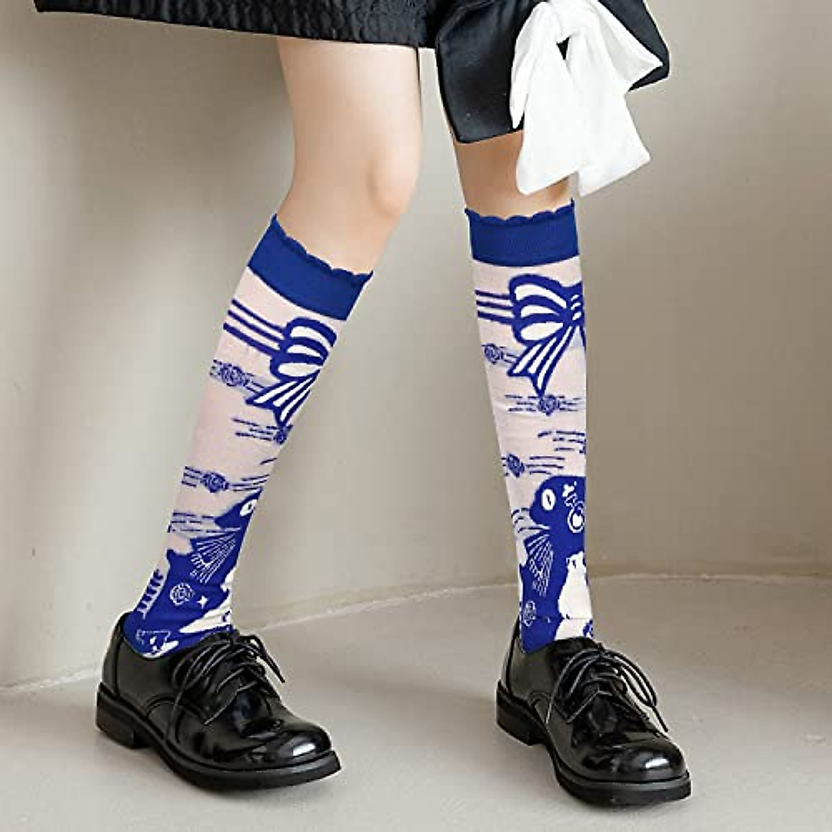 Benefeet Sox Womens Girls Cute Lace Knee High Socks Blue Sheer Mesh Knee High Stockings Transparent See Through Ultra Thin Silk Fancy Silly Cat Patterned Printed Long Stocking Socks, Blue Bow Cat