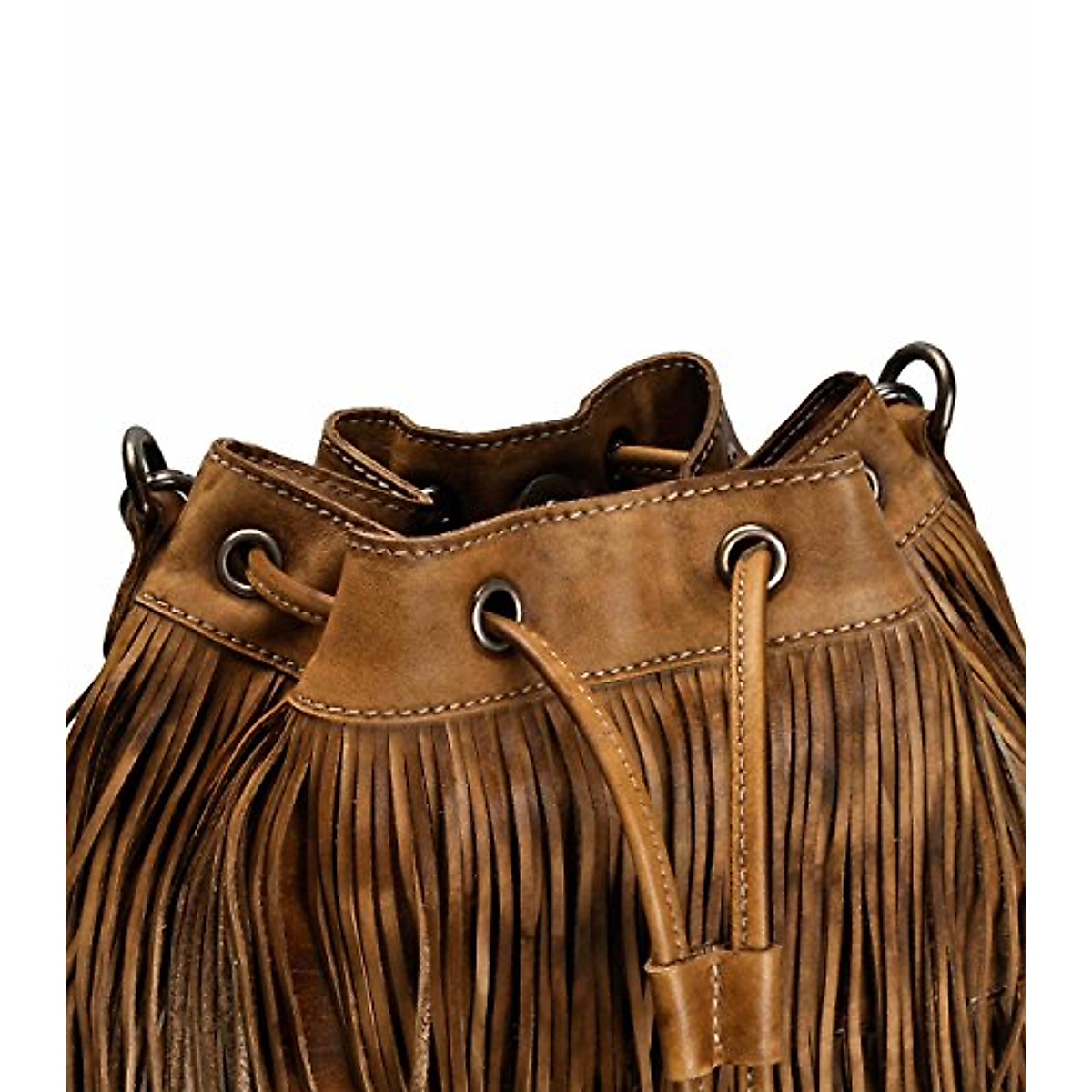 ZLYC Women Handmade Dip Dye Leather Bohemian Fringe Tassel Drawstring Bucket Bag, Brown