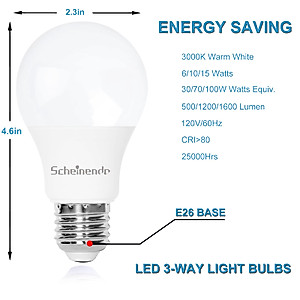 Scheinenda 3-Way Light Bulbs 30 70 100 Watt Equivalent, Perfect for Reading, Standard A19 Indoor Led Bulb Warm White 3000K, 15 Watt Energy Efficient Bulb, 1600 Lumens, 2Pack