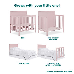 Dream On Me Ava 4-in-1 Convertible Mini Crib in Blush Pink, Greenguard Gold Certified, Non-Toxic Finish, Comes with 1" Mattress Pad, with 3 Mattress Height Settings