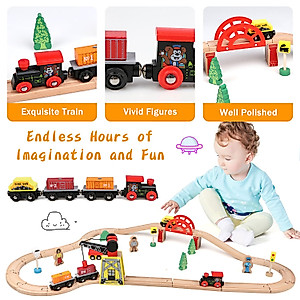 Qilay Wooden Train Set for Toddler - 39 Pcs Wooden Train Tracks with Crane, Bridge & 5 Wooden Trains - Train Toys for 3,4,5 Year Old Boys & Girls - Fit All Major Bands Train Tracks Set