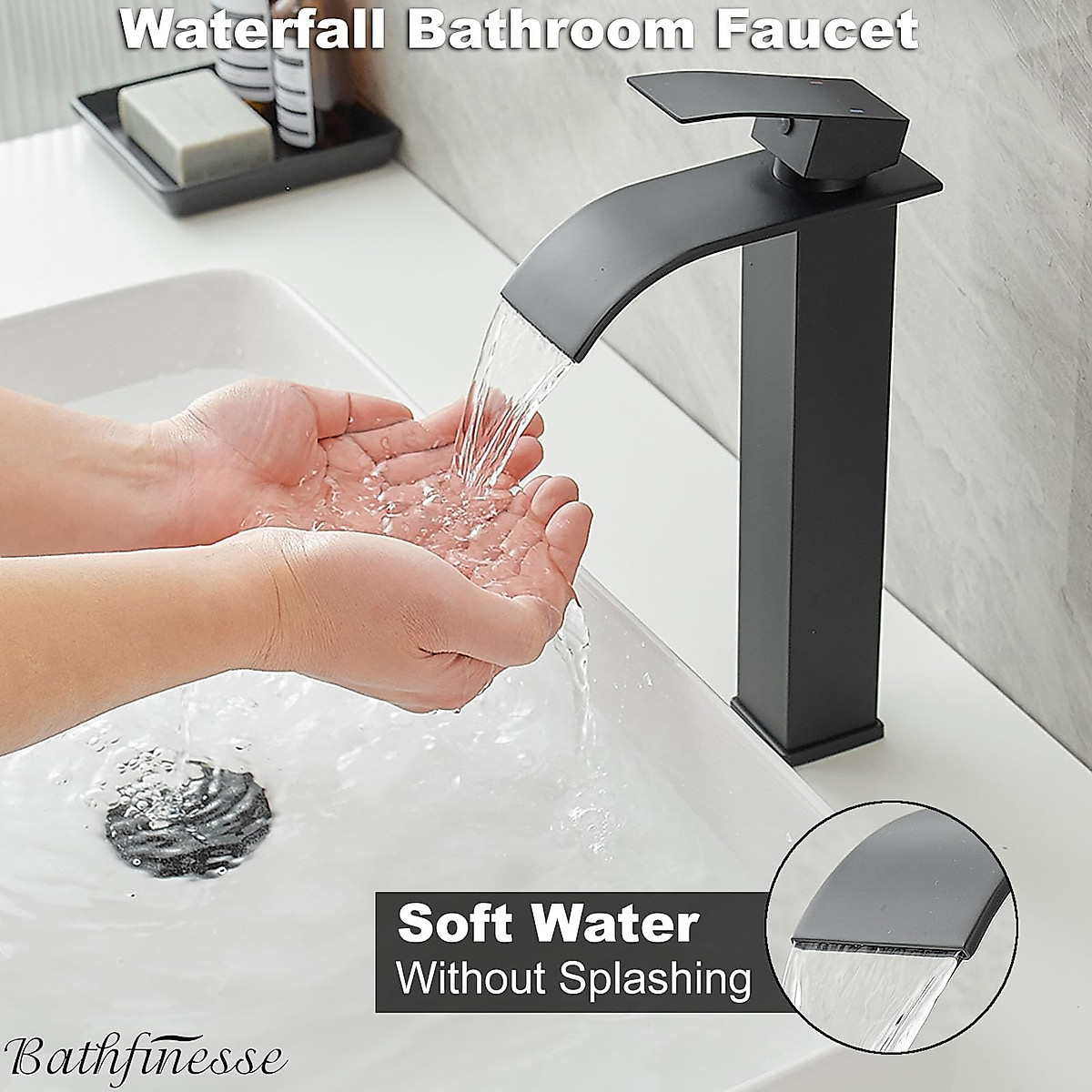 Bathfinesse Vessel Sink Faucet Waterfall Bathroom Faucet Matte Black Stainless Steel Tall Single Handle One Hole Deck Mount Bowl Vanity Sink Faucet with Pop-up Drain Stopper